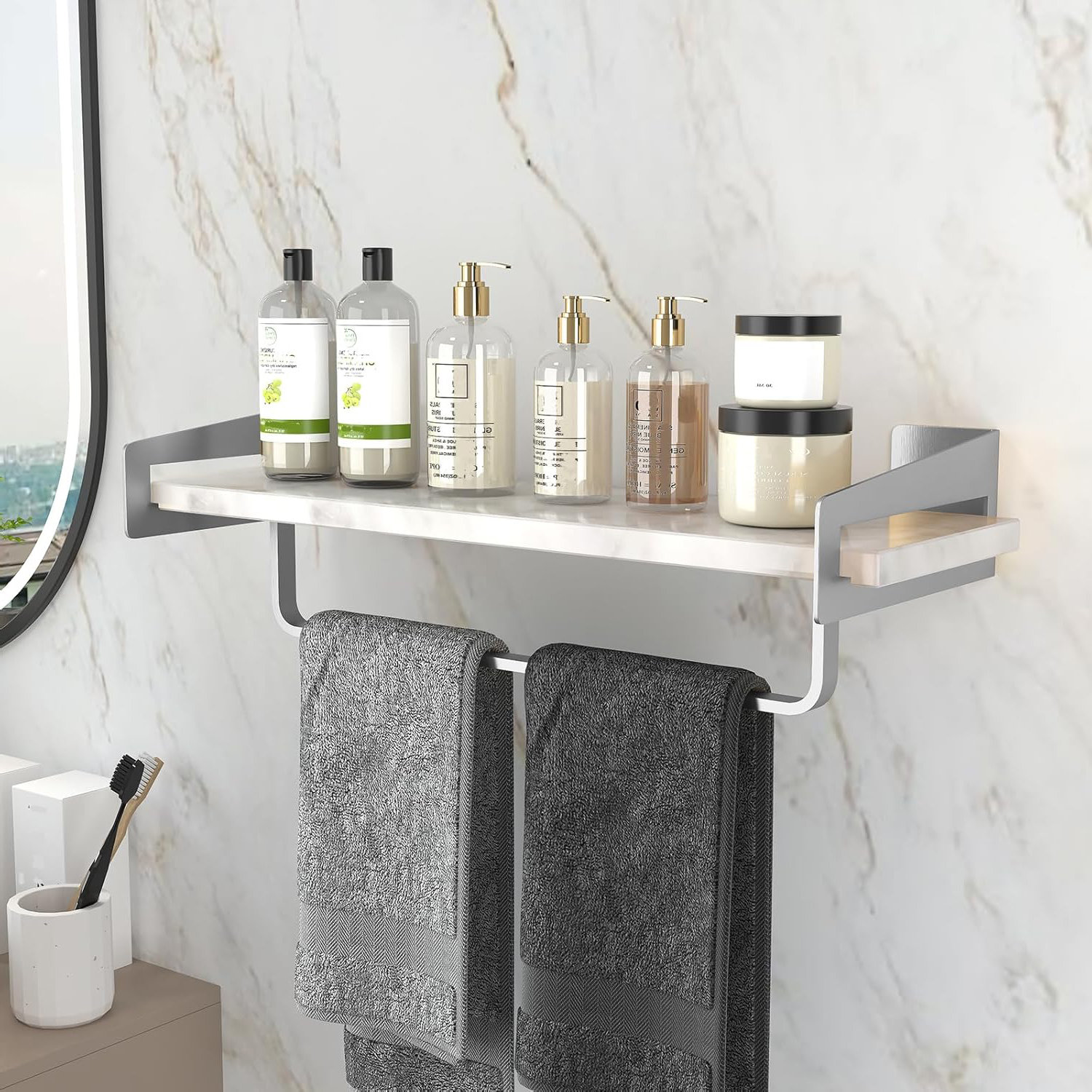 Mercer41 Marble Bathroom Shelf with Towel Bar, 16" Metal Modern Floating Shelf Wall Mount | Wayfair